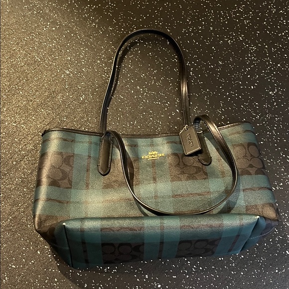 Coach | Bags | Coach Plaid Tote Bag Black And Teal | Poshmark